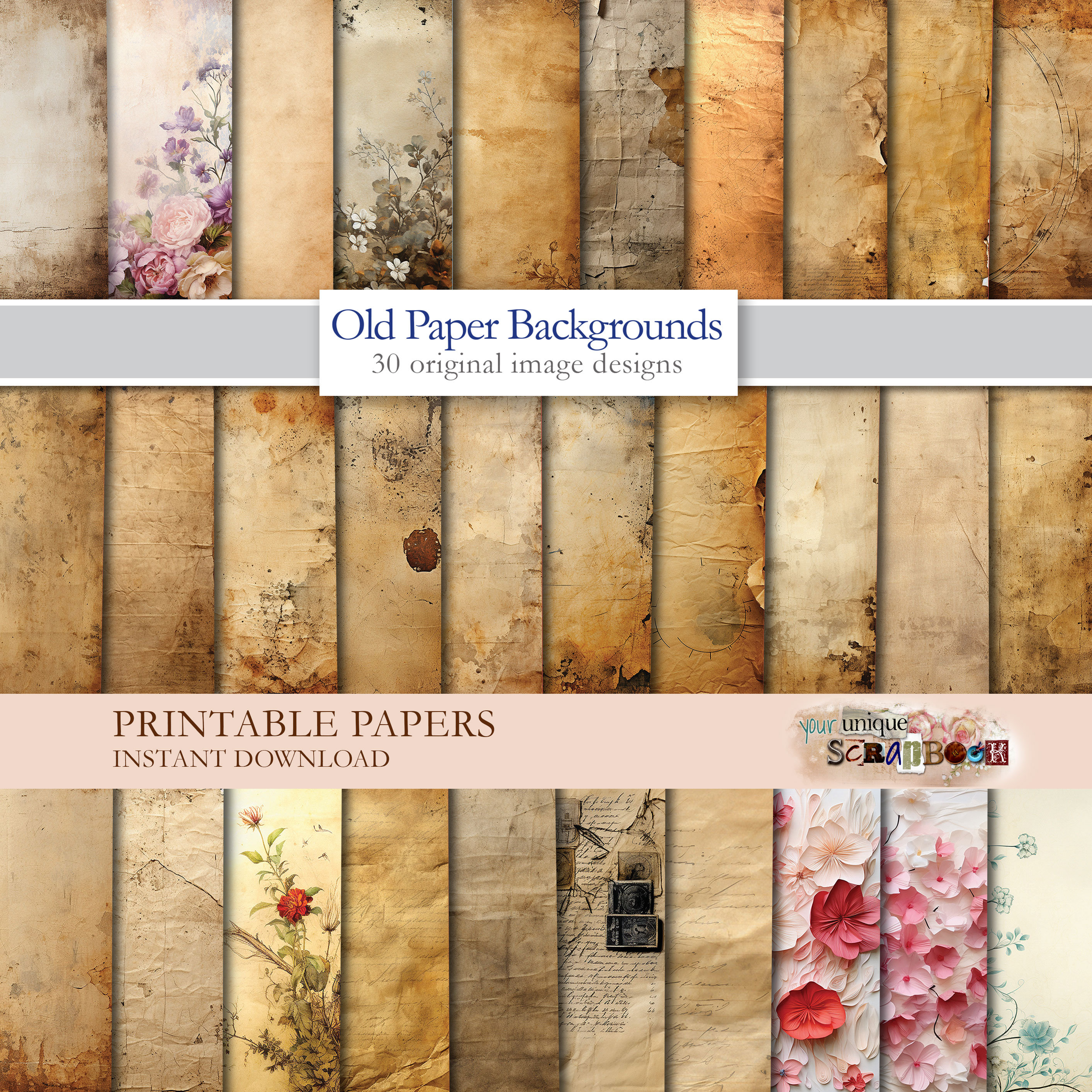 30 Old Paper Backgrounds, Vintage Printable Papers, Digital Art Pack ...