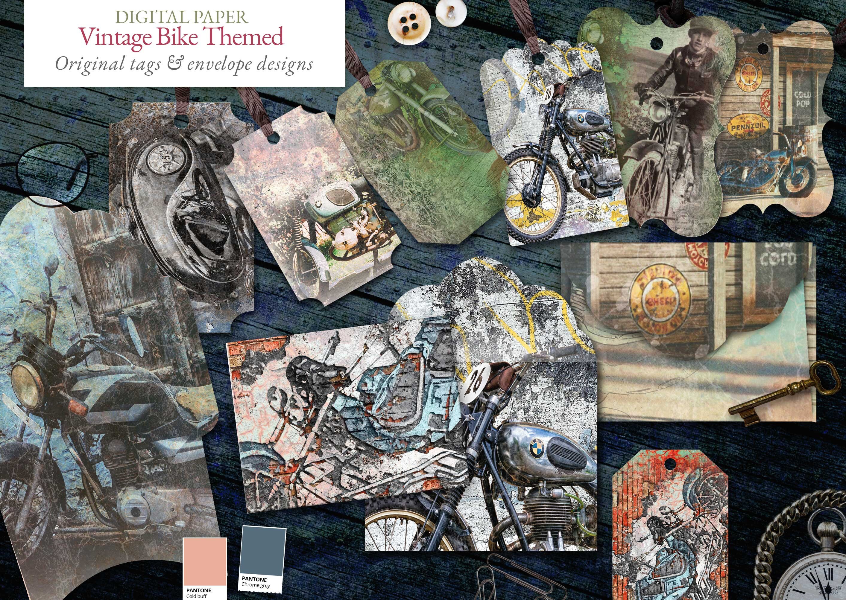Vintage Bike Themed BUNDLE 12 Digital Papers, 48 Gift Tags and 6 ...