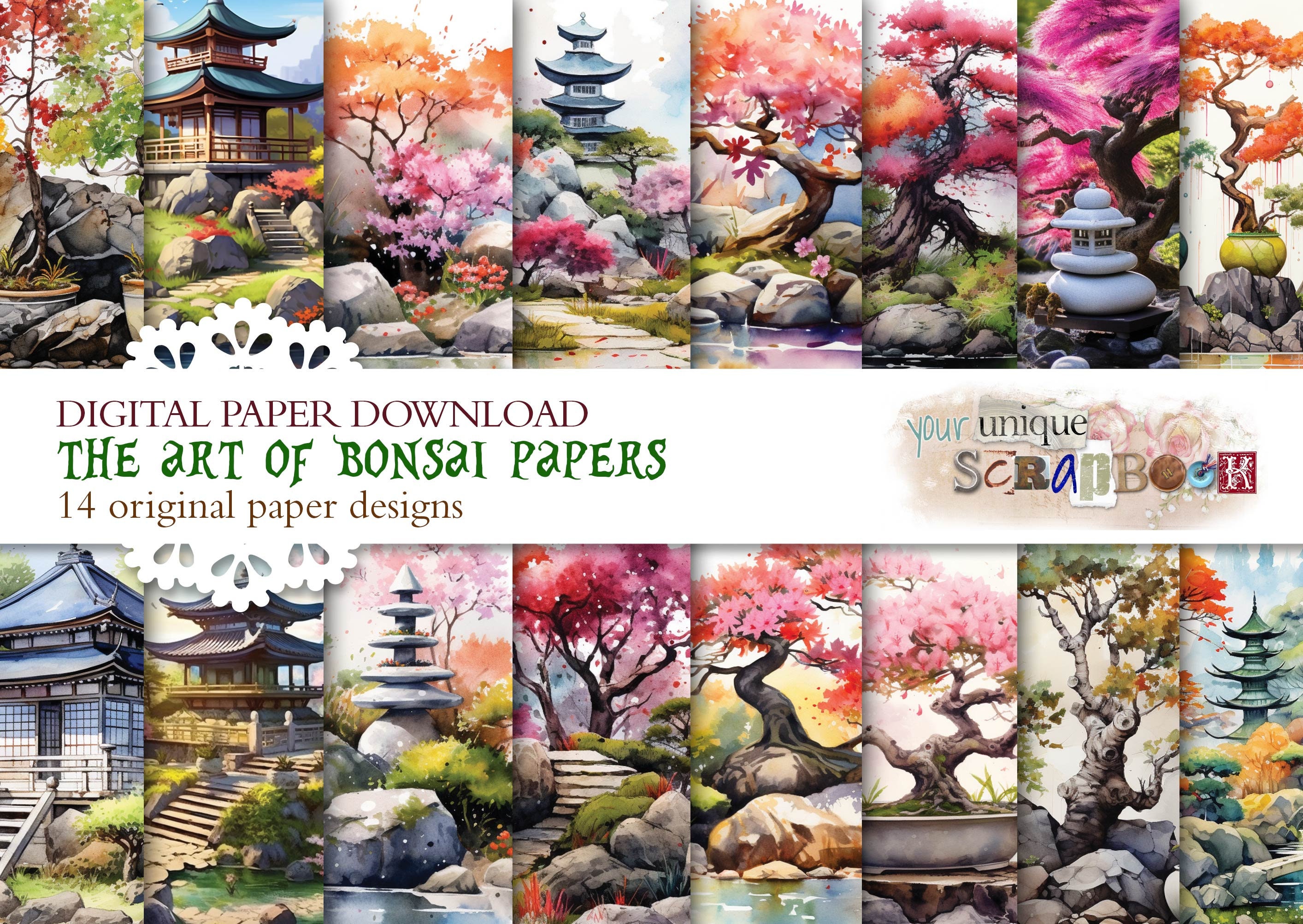 The Art of Bonsai - 14 Themed Digital Paper - Bonsai Tree ...
