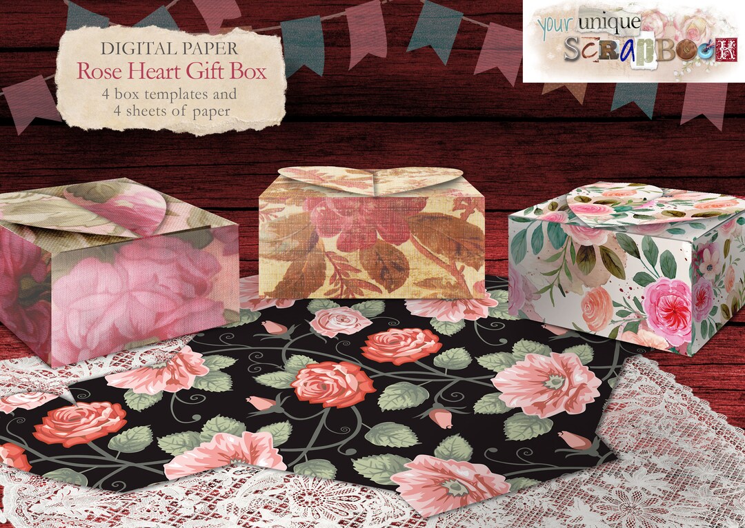 4 Heart Gift Box Designs - Rose Theme - Digital Papers - Wedding Favour ...