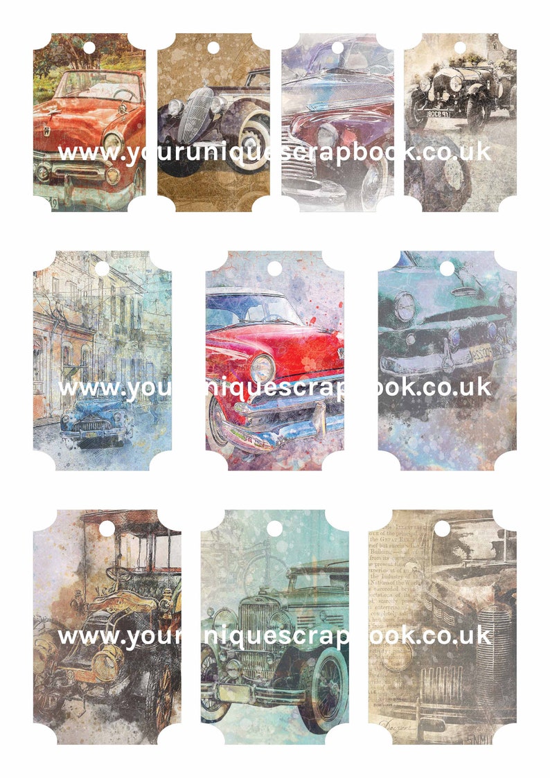 Vintage Car Themed Gift Tags and Envelopes - 48 Gift Tags and 6 ...