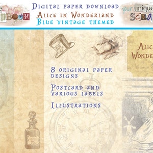 Alice in Wonderland - Blue Scrapbooking Journal Paper - Vintage Themed ...