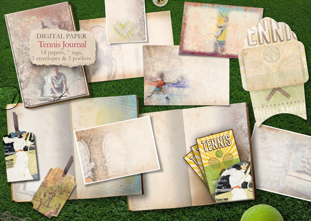Tennis Journal - 14 Papers, 5 Tags, 3 Envelopes & Pockets - Vintage ...
