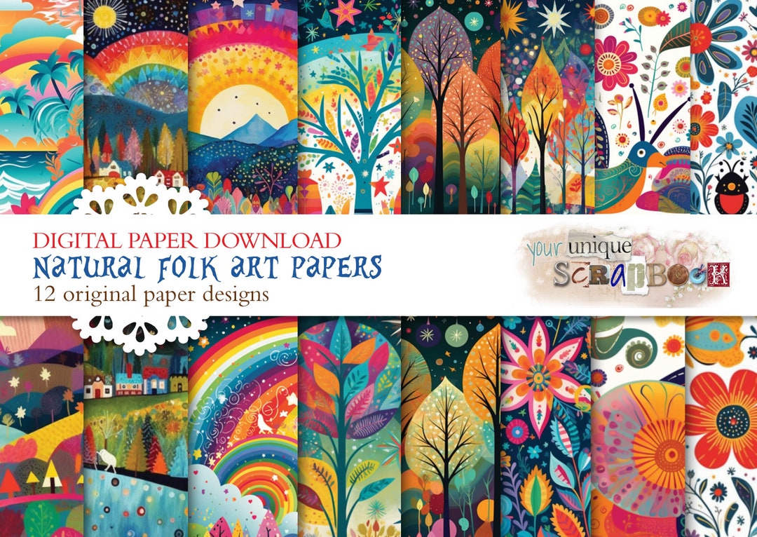 Nature Folk Art - 12 Themed Papers - Scrapbooking - Digital Download ...