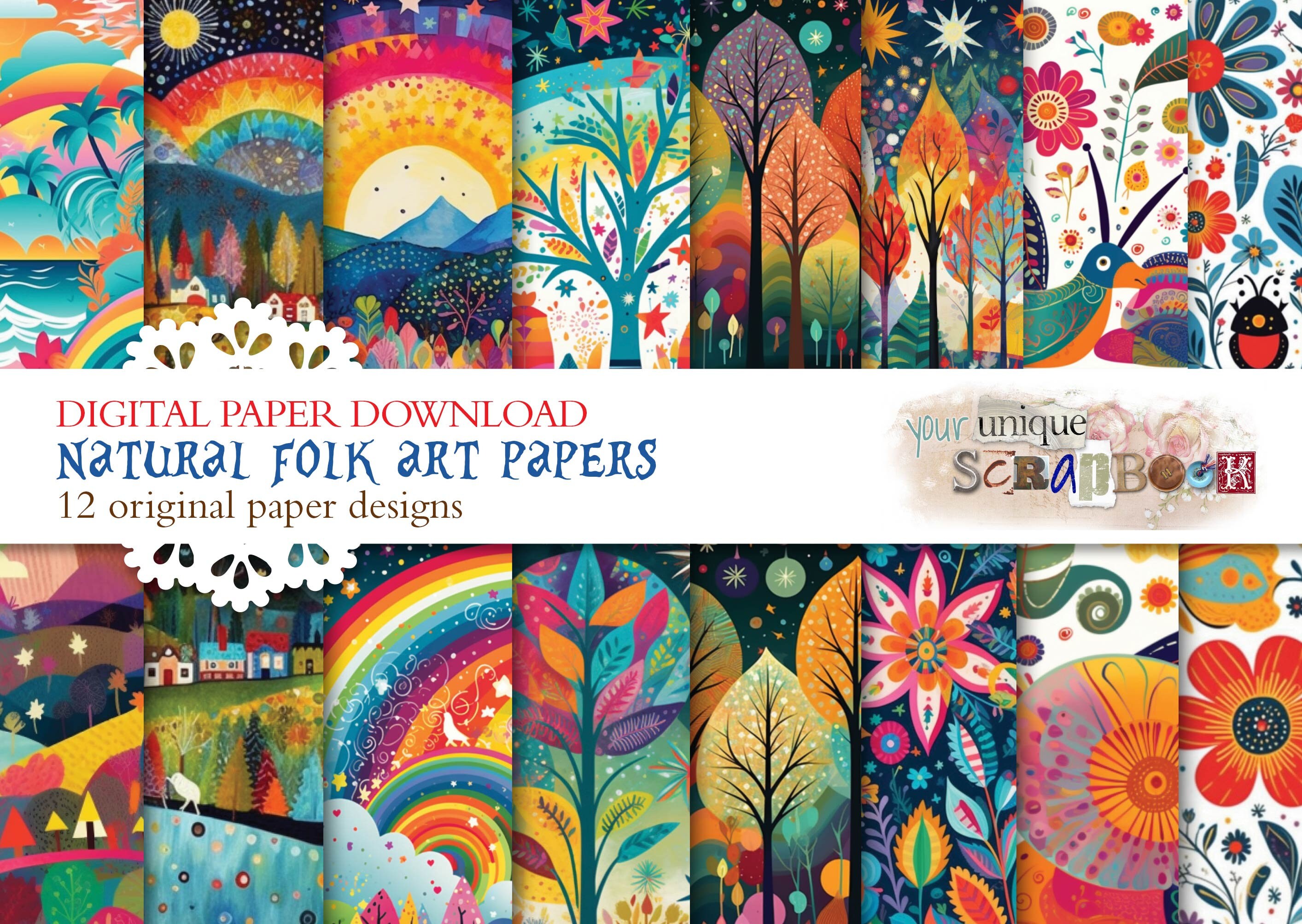 Nature Folk Art - 12 Themed Papers - Scrapbooking - Digital Download ...