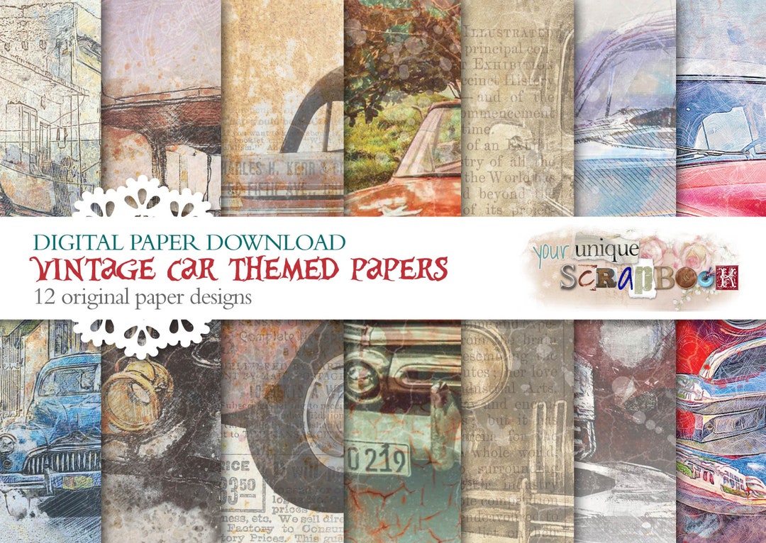 Vintage Car - 12 Themed Digital Paper Downloads - Rustic Grunge Theme ...