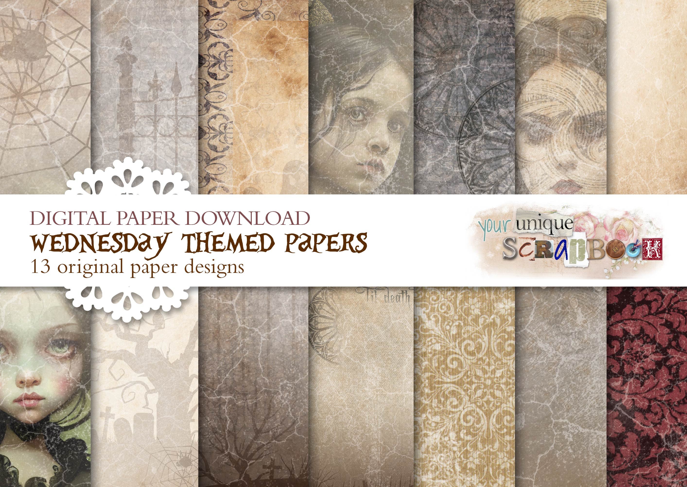 Wednesday Addams - 13 Themed Digital Paper - Vintage Paper Theme ...