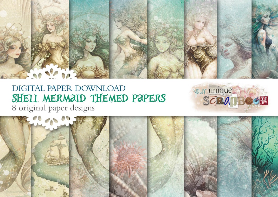 Shell Mermaids - 8 Themed Papers - Scrapbooking Journal Paper - Digital ...