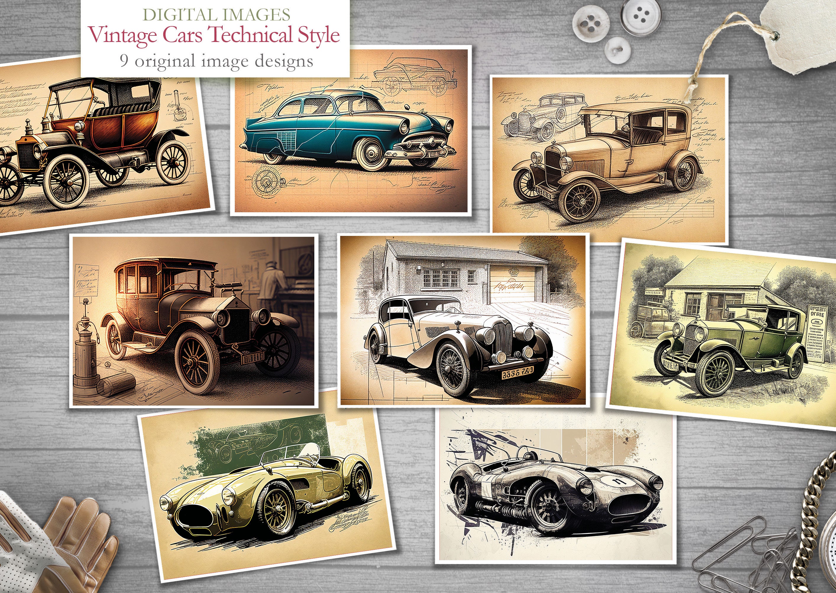 9 Car Technical Drawing Style Themed Images - Digital Download Images ...