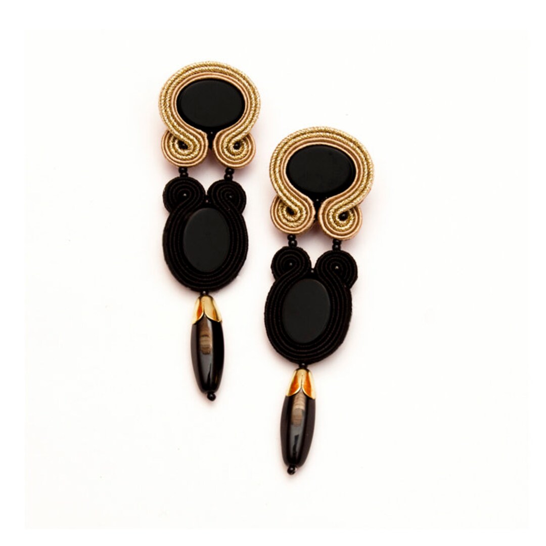 Black Gold Earrings Contemporary Long Stud Black Onyx - Etsy
