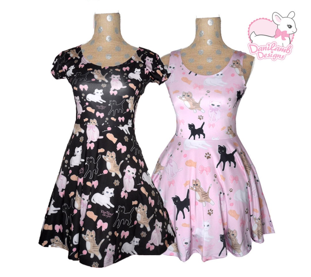 Kawaii Cat Dress Fairy Kei Dress Kitten Cat Cap Sleeve Dress Cat ...