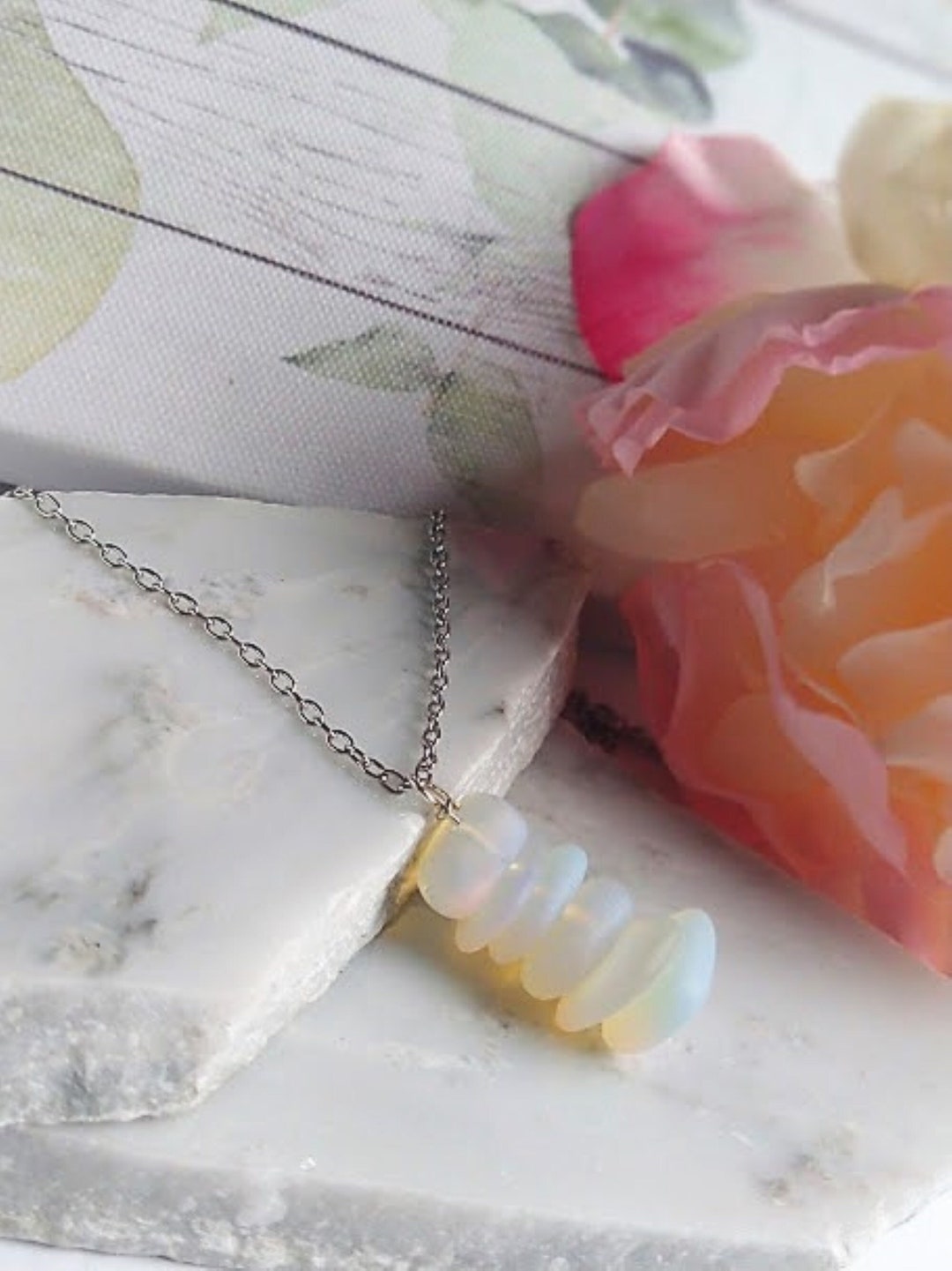 Opal Moonstone Stacked Sea Glass Beach Pendant Necklace, Stainless ...