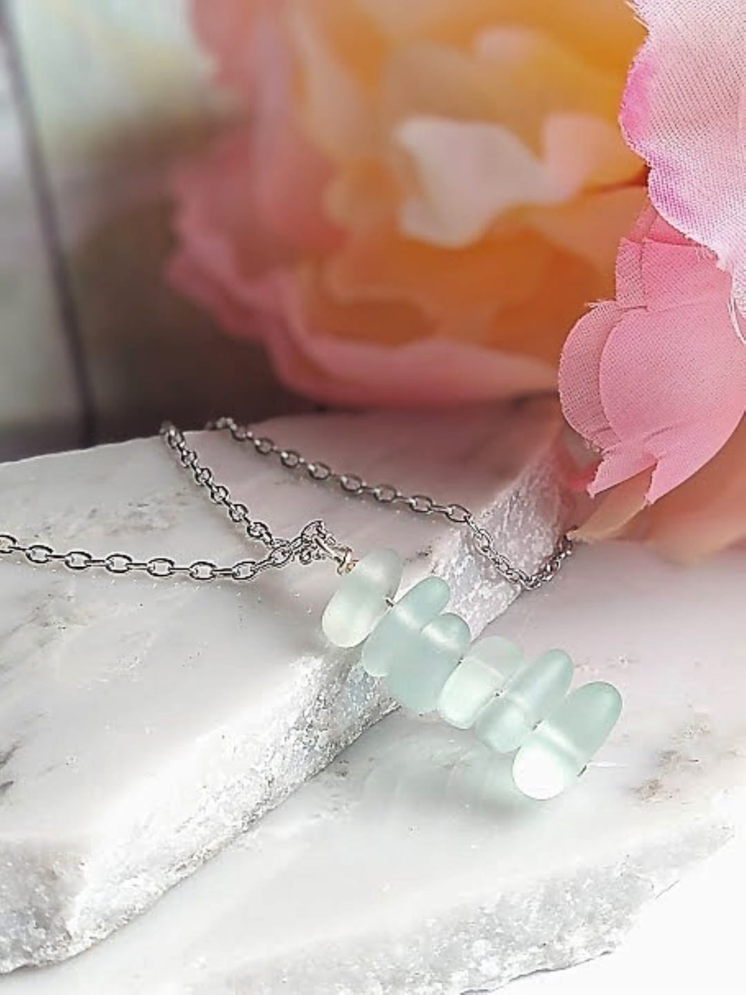 Aqua Blue Stacked Sea Glass Beach Pendant Necklace Ocean Lover's Gift ...