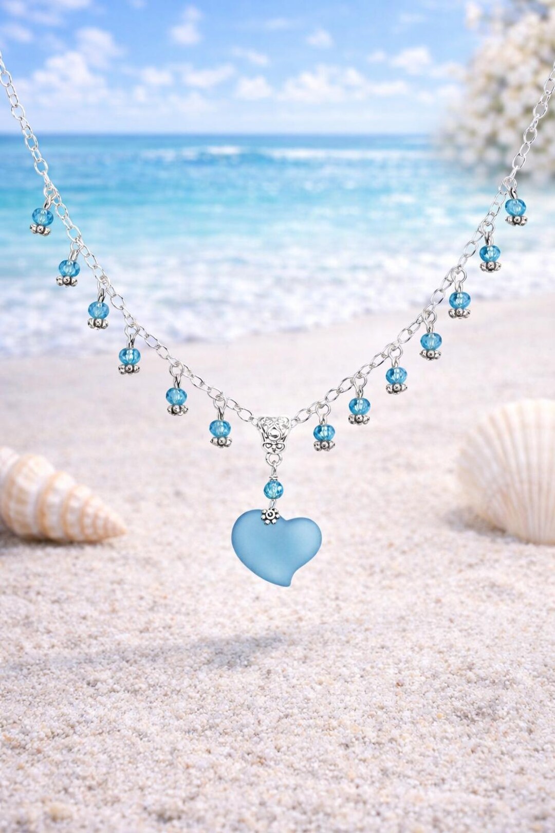 Azure Drop Collar With Dangling Glass Accents, Handmade Silver Chain ...