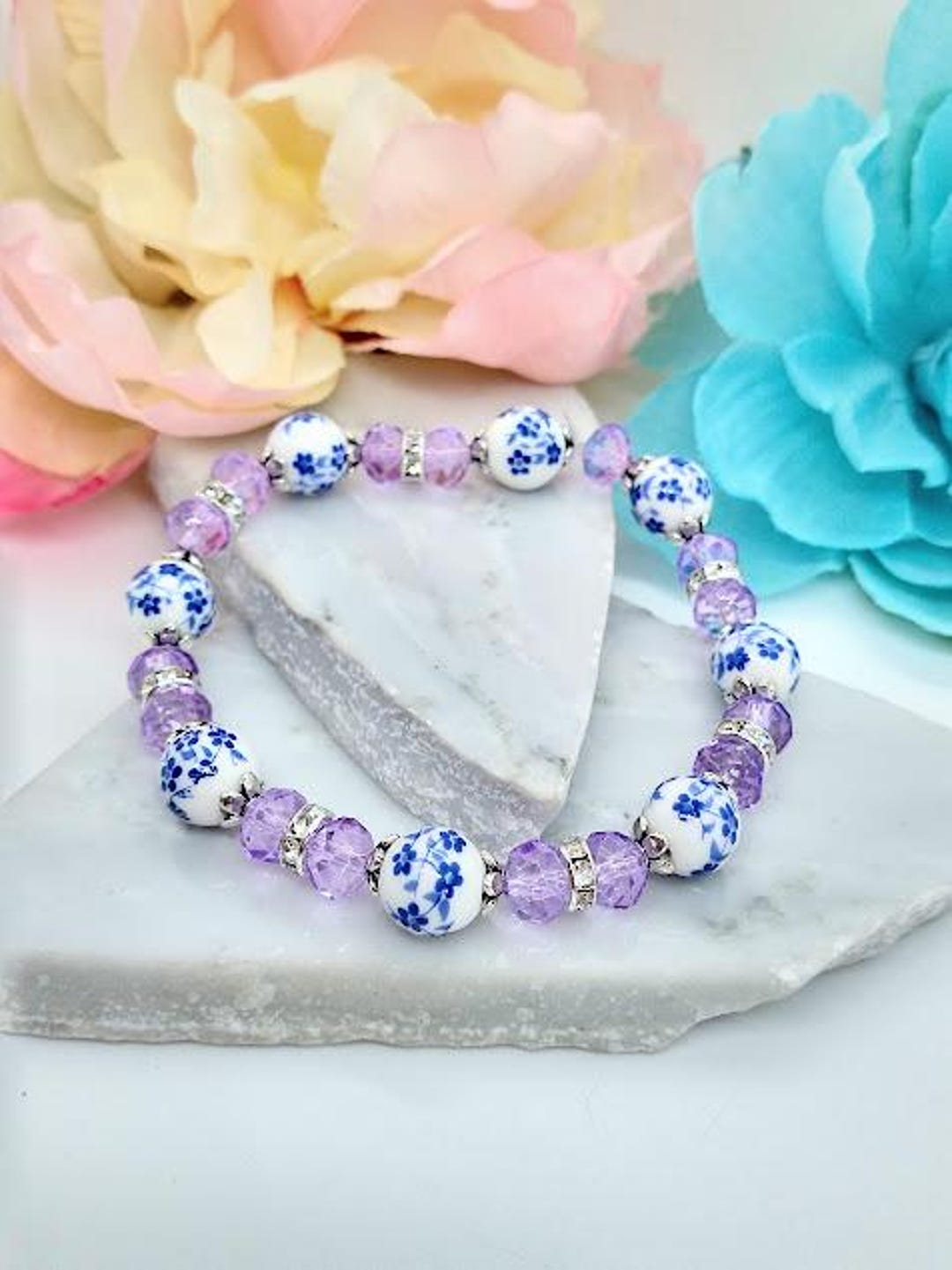 Blue Porcelain Flower Stretch Bracelet, Gift for Her, Floral Jewelry ...