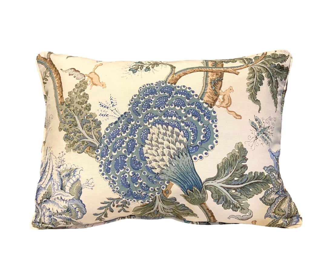 Bennison, Dragon Flower, Green Blue Brown Pillow Cover on Oyster ...