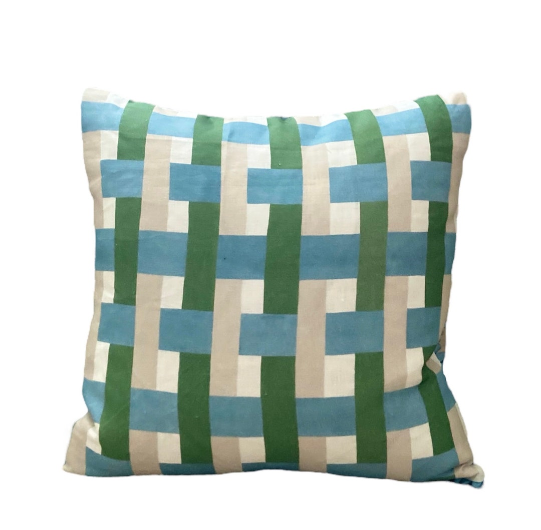 Imogen Heath, Anni Check in Field- Kelly Green, Taupe and Slate Blue Modern Plaid Linen Pillow ...