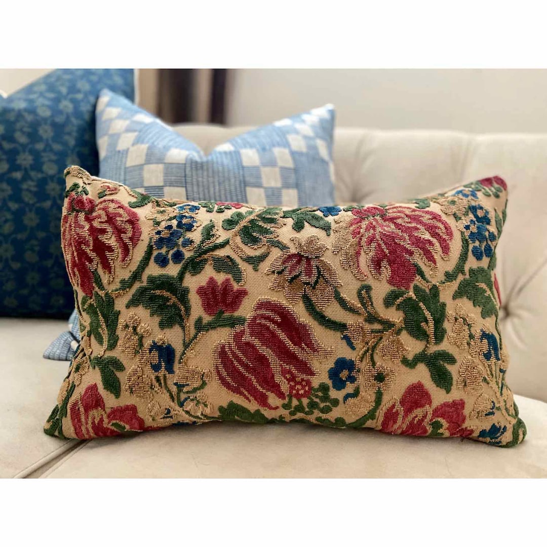 Vintage UK Tapestry Raised Embroidered Floral Pillow Cover, Burgundy ...