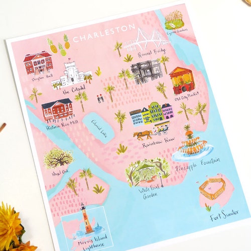 Charleston Map Print Featuring Rainbow Row Old City Market - Etsy