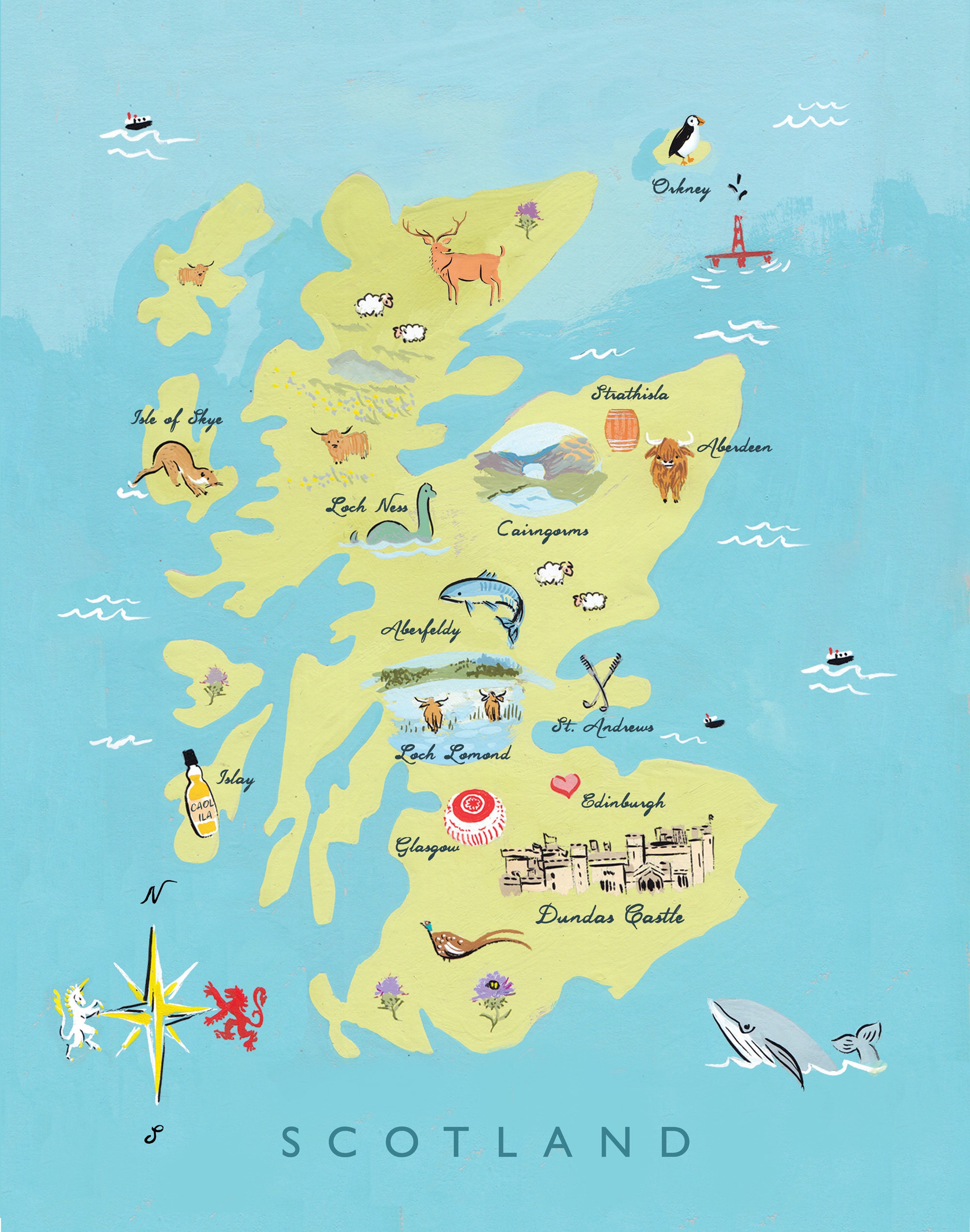 Scotland Illustrated Map Print, Glasgow, Edinburgh, Dundas Castle ...