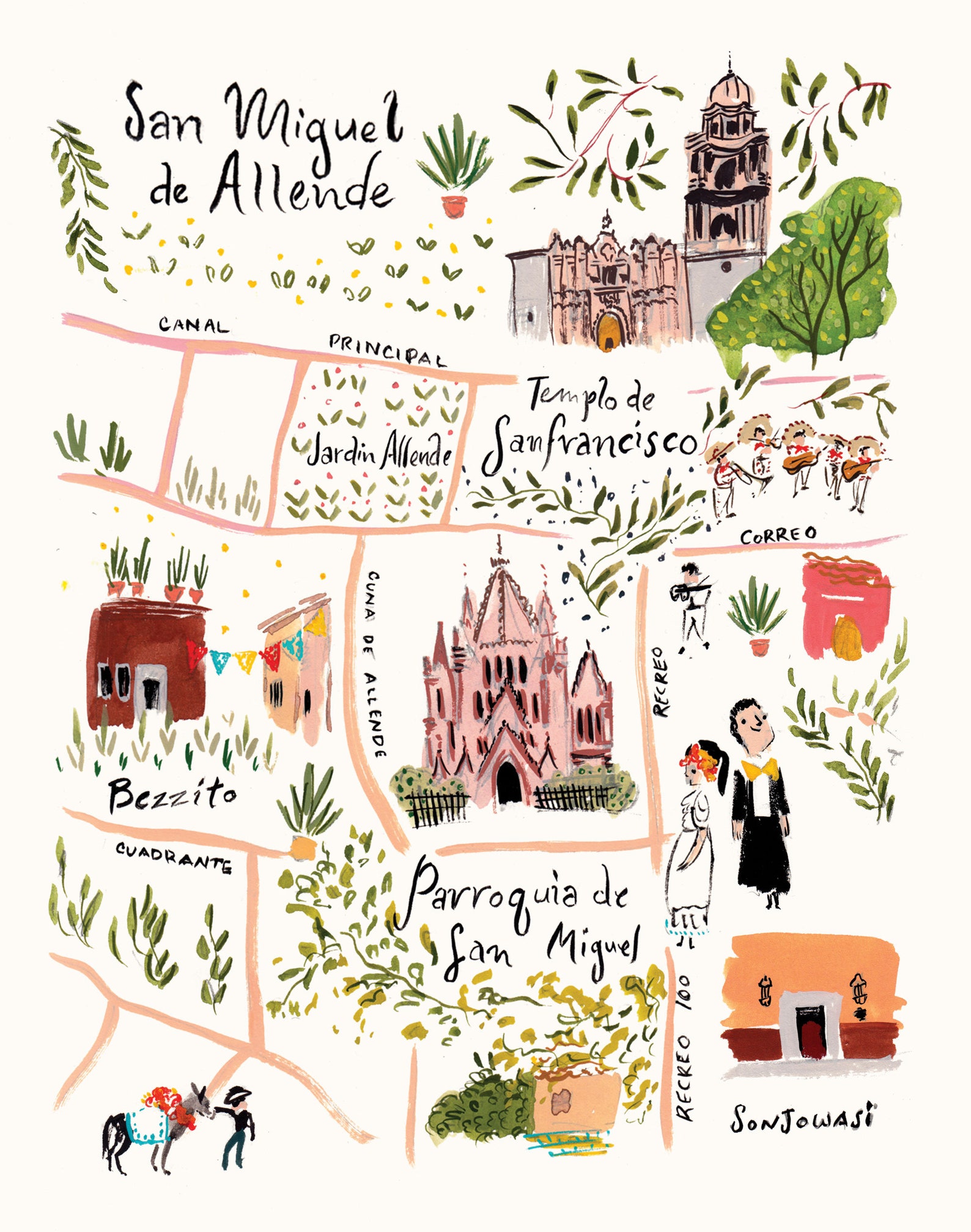 San Miguel de Allende, Mexique Map print feat. Parroquia de San Miguel ...