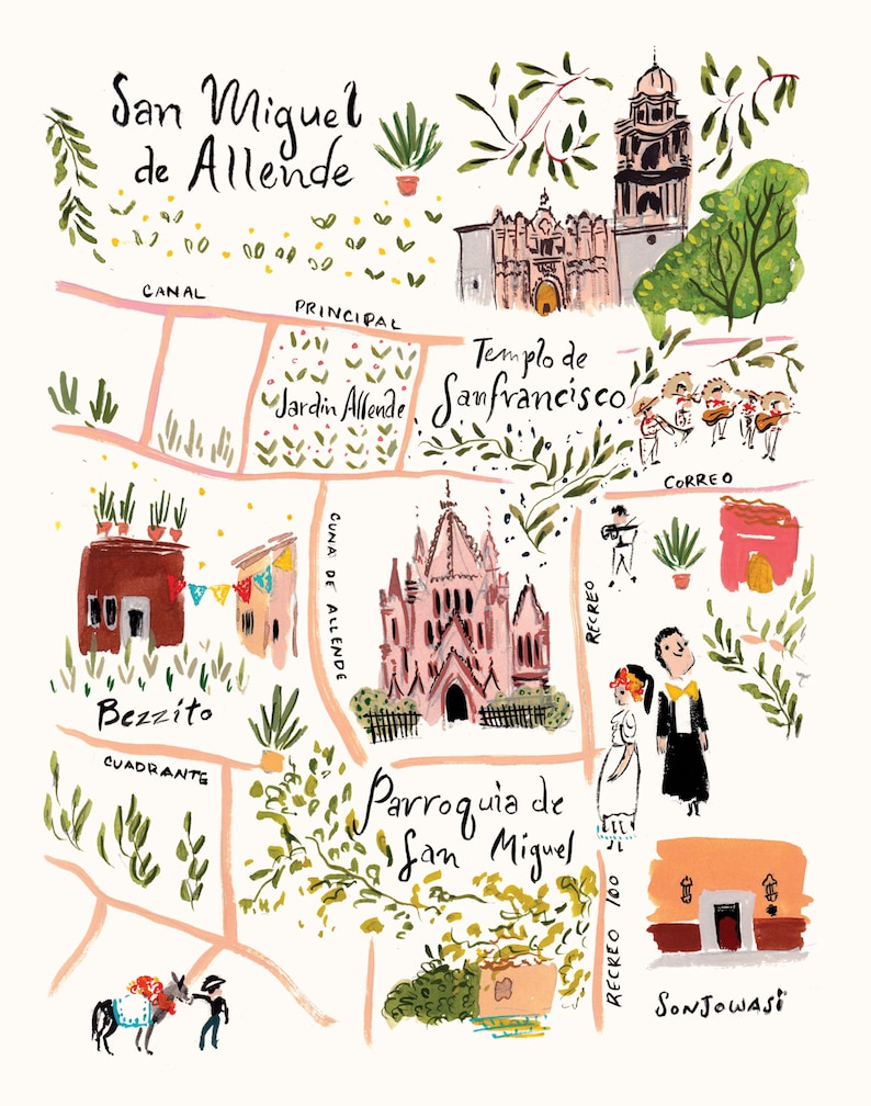 San Miguel De Allende, Mexico Map Print Feat. Parroquia De San Miguel ...