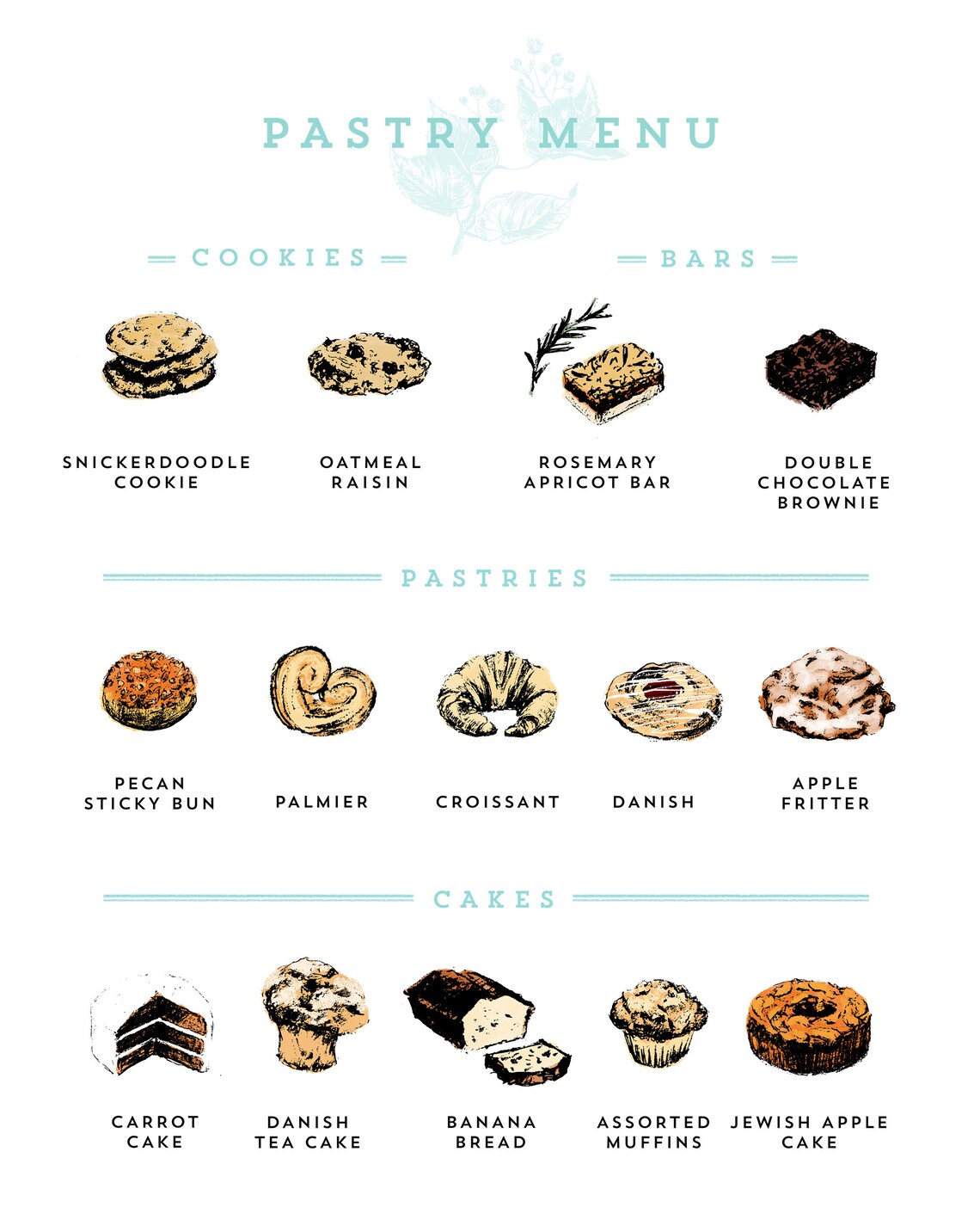 Pastry Menu Illustrated Print Cookies Brownies Cake | Etsy