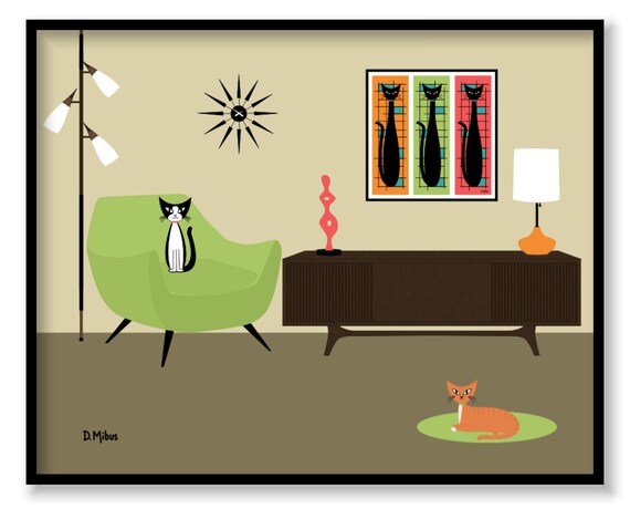 Mid Century Modern Print Cat Art Wall Decor Retro Cats Etsy