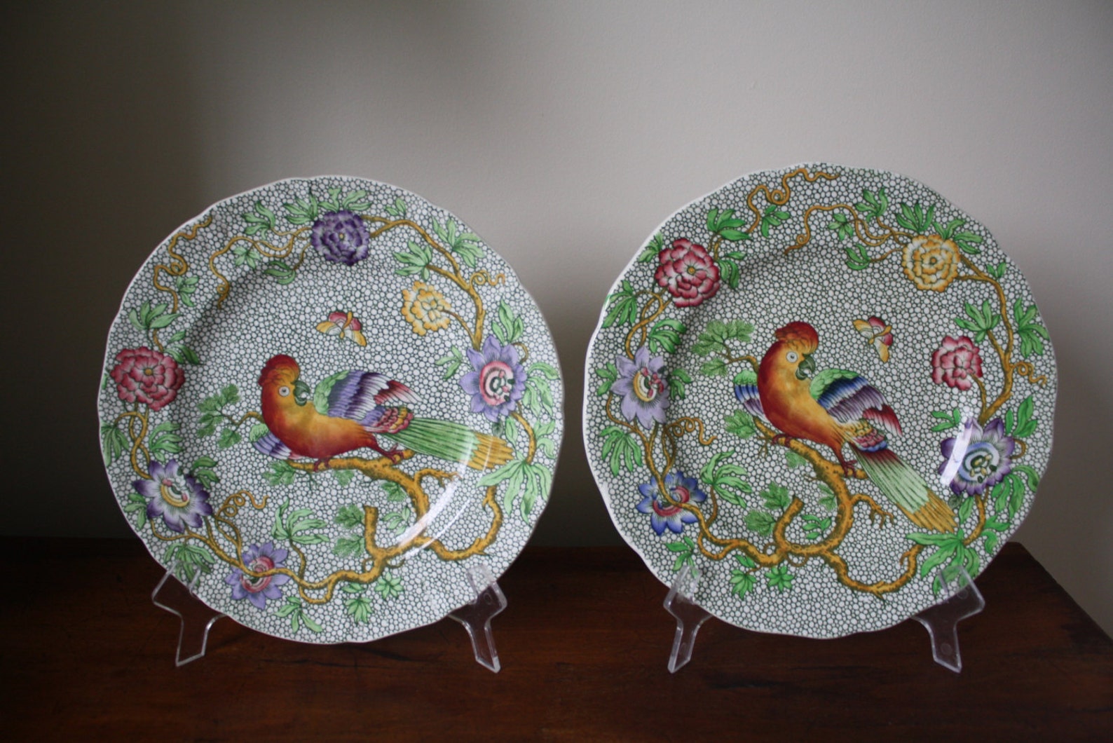 Pair of Antique English devonia Sheet Transferware Bird and Butterfly ...