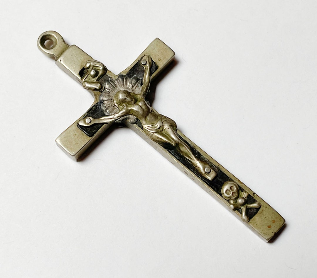 Antique Brass Crucifix Pendant, Ebony Wood Inlay, Skull and Crossbones ...