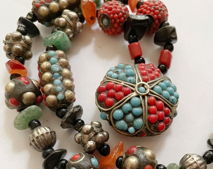 Old Tibetan Nepal Necklace With Stone Chips and Glass Turquoise and ...