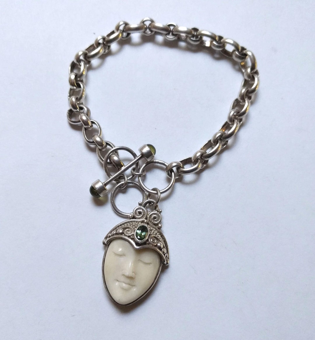 Sajen Carved Goddess Face and Peridot Bracelet in Sterling Silver ...