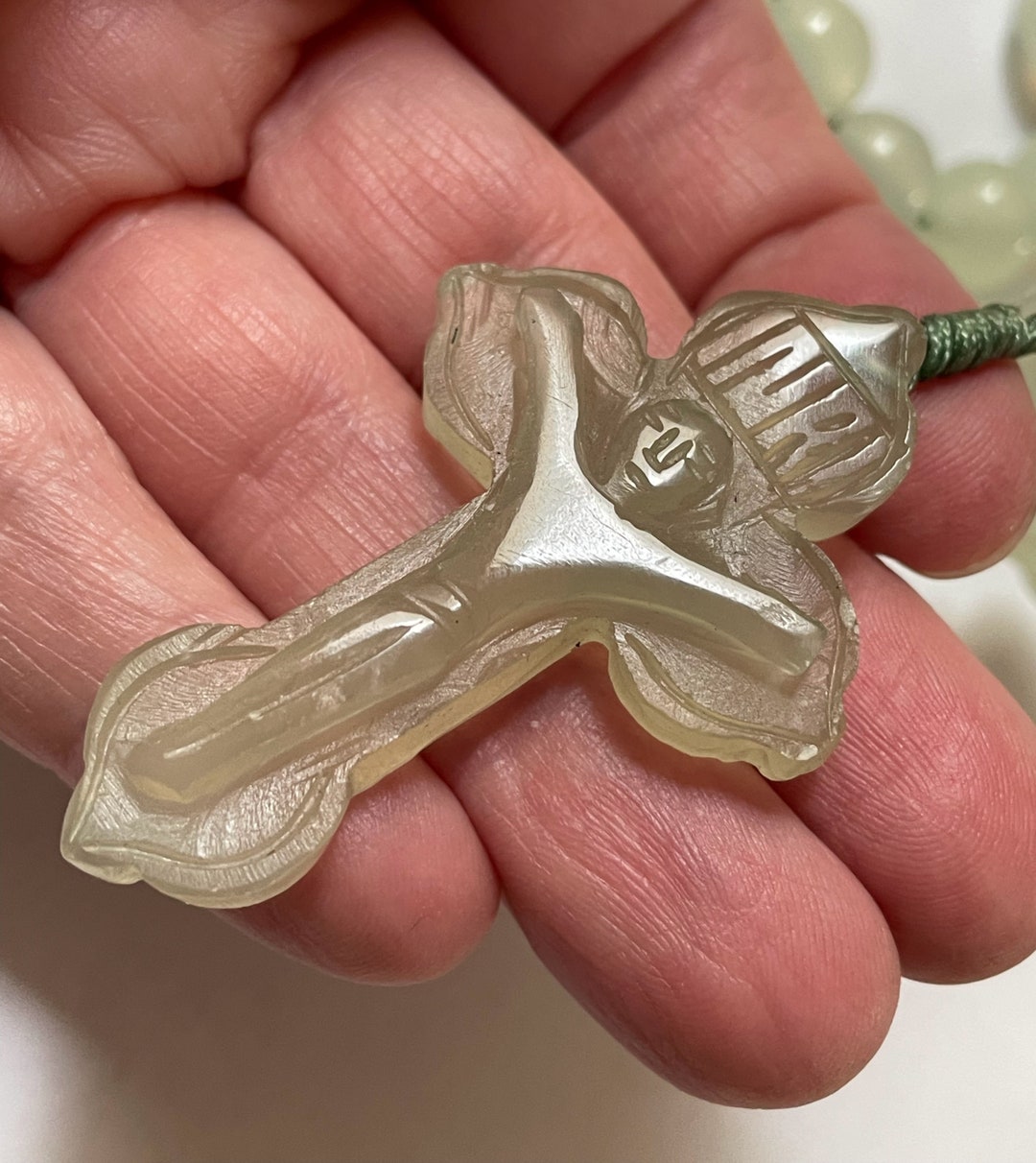 Light Green Jade? Stone Rosary With Carved Crucifix, 17" Long, Please ...