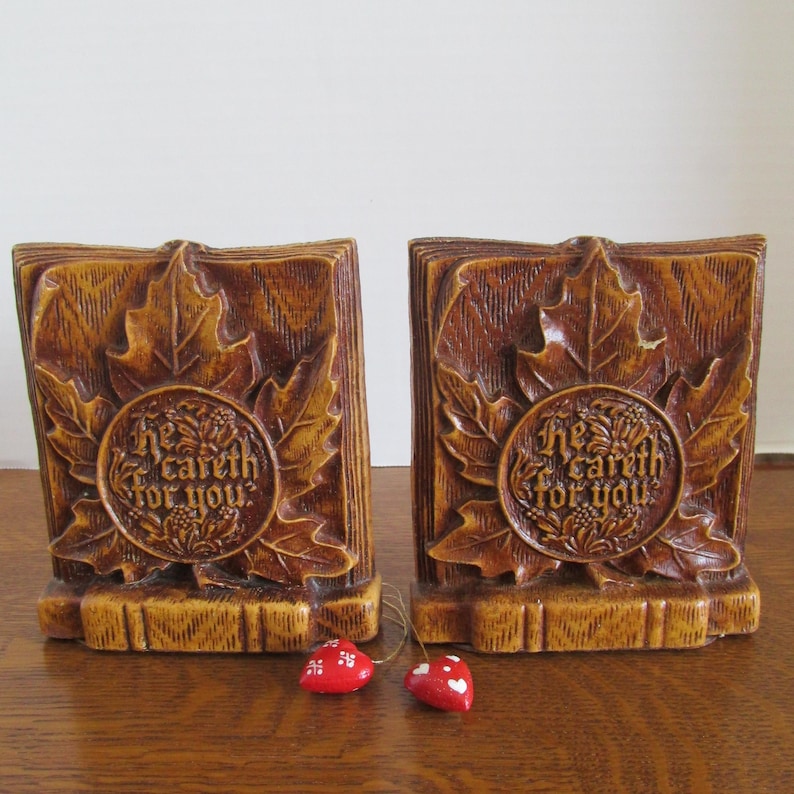Vintage Pair Christian Bookends He Careth for You Syroco Wood - Etsy