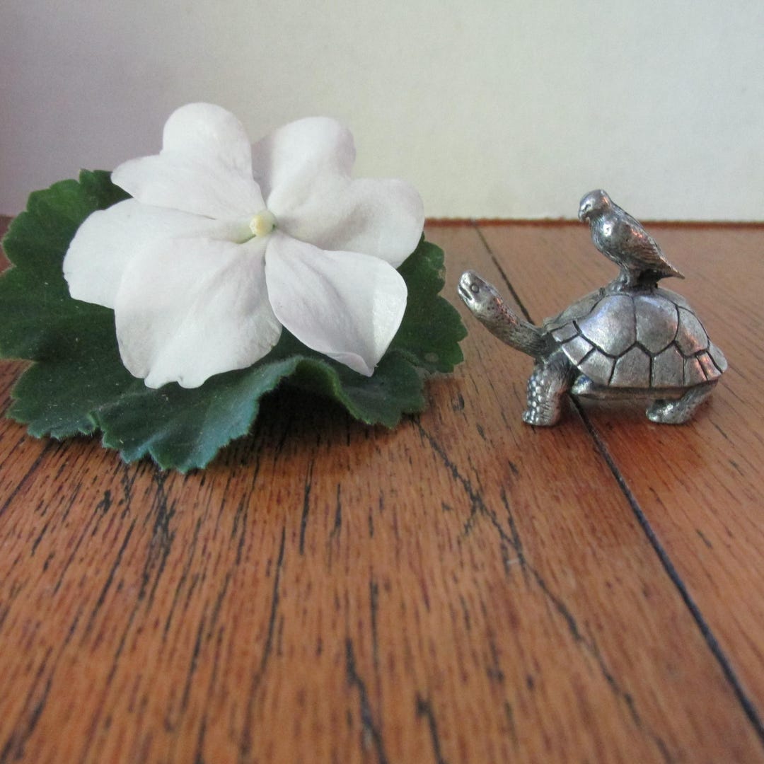 Vintage Extra Miniature Pewter Turtle With Parrot 1 1/4 Inch Tall Knick ...