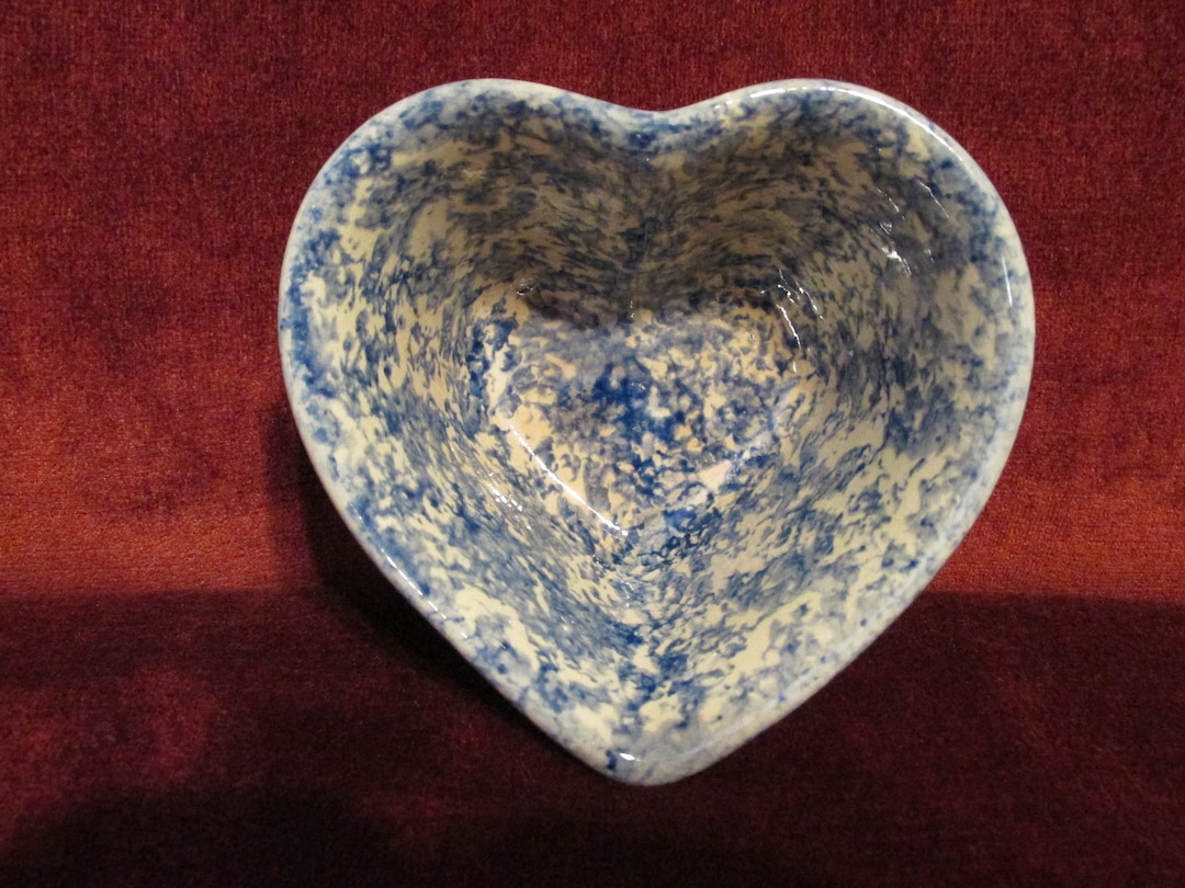 Vintage Blue Spongeware Heart Bowl - Etsy