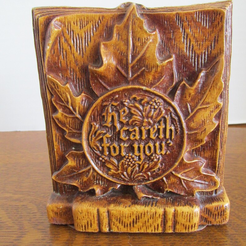 Vintage Pair Christian Bookends He Careth for You Syroco Wood - Etsy