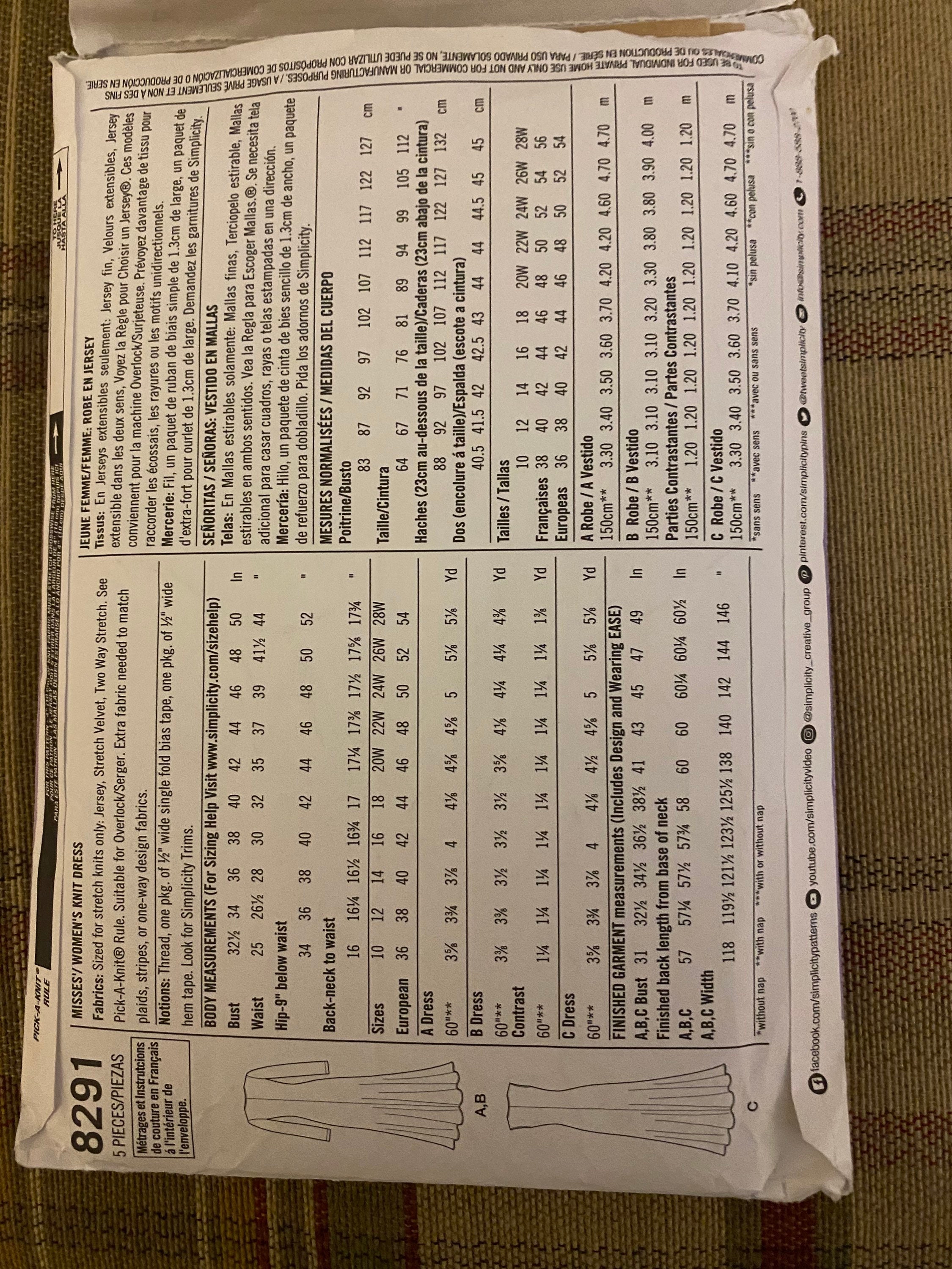Simplicity Sewing Pattern 8291 Size 20-18 Uncut - Etsy