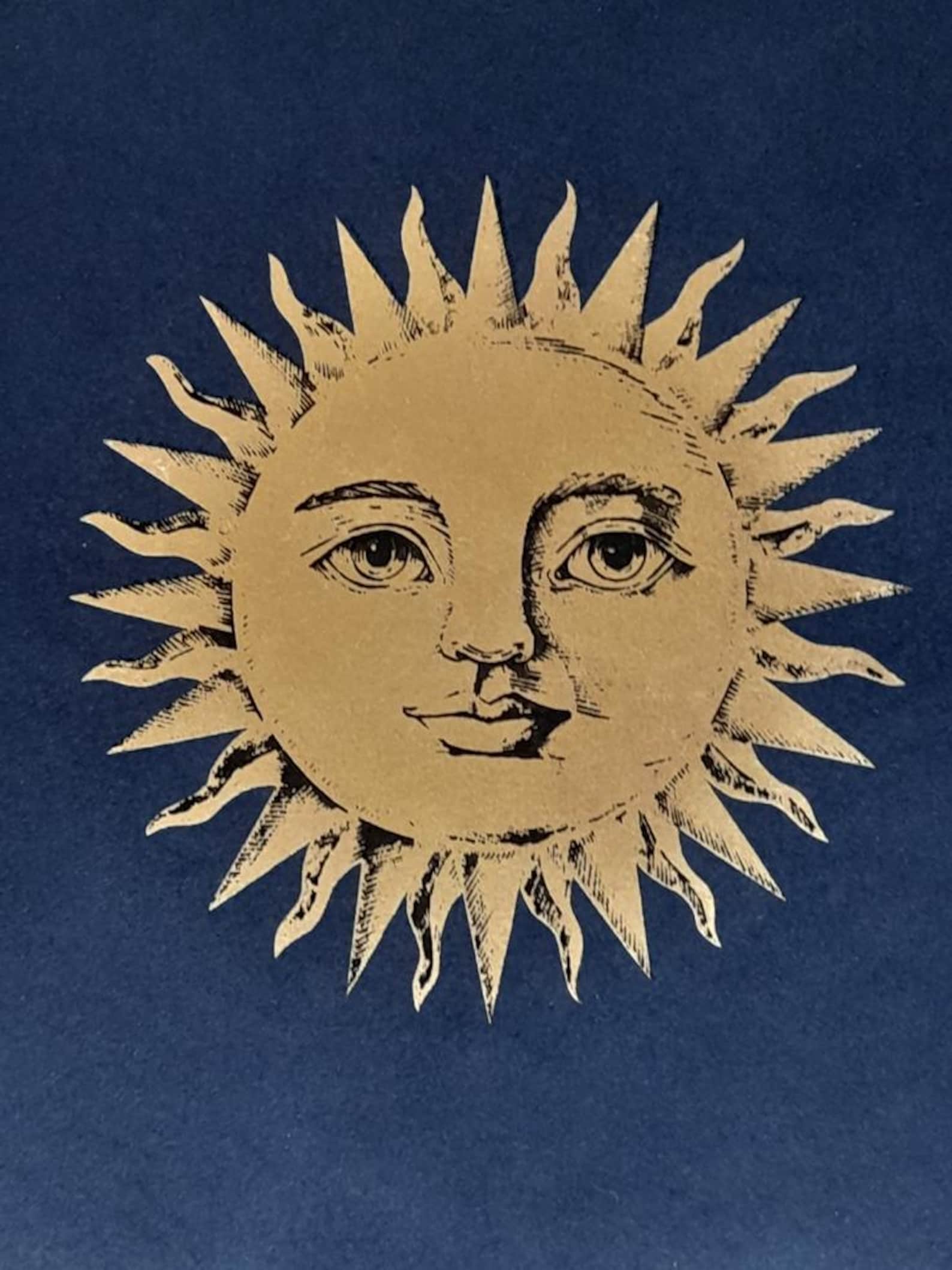 844 : Screenprint - the Old Sun Face - Real Gold Leaf on Cobalt Blue - Etsy