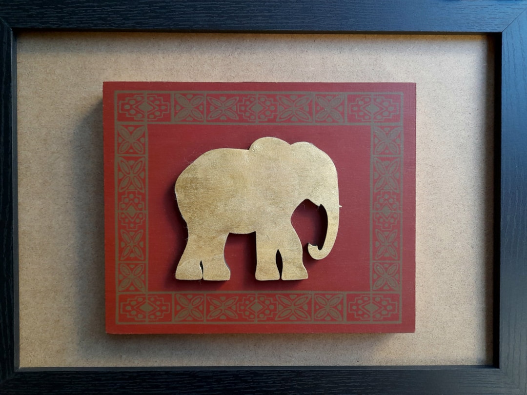 860 : Screenprint - Gold Leaf Elephant on Wooden Panel With Traditional ...