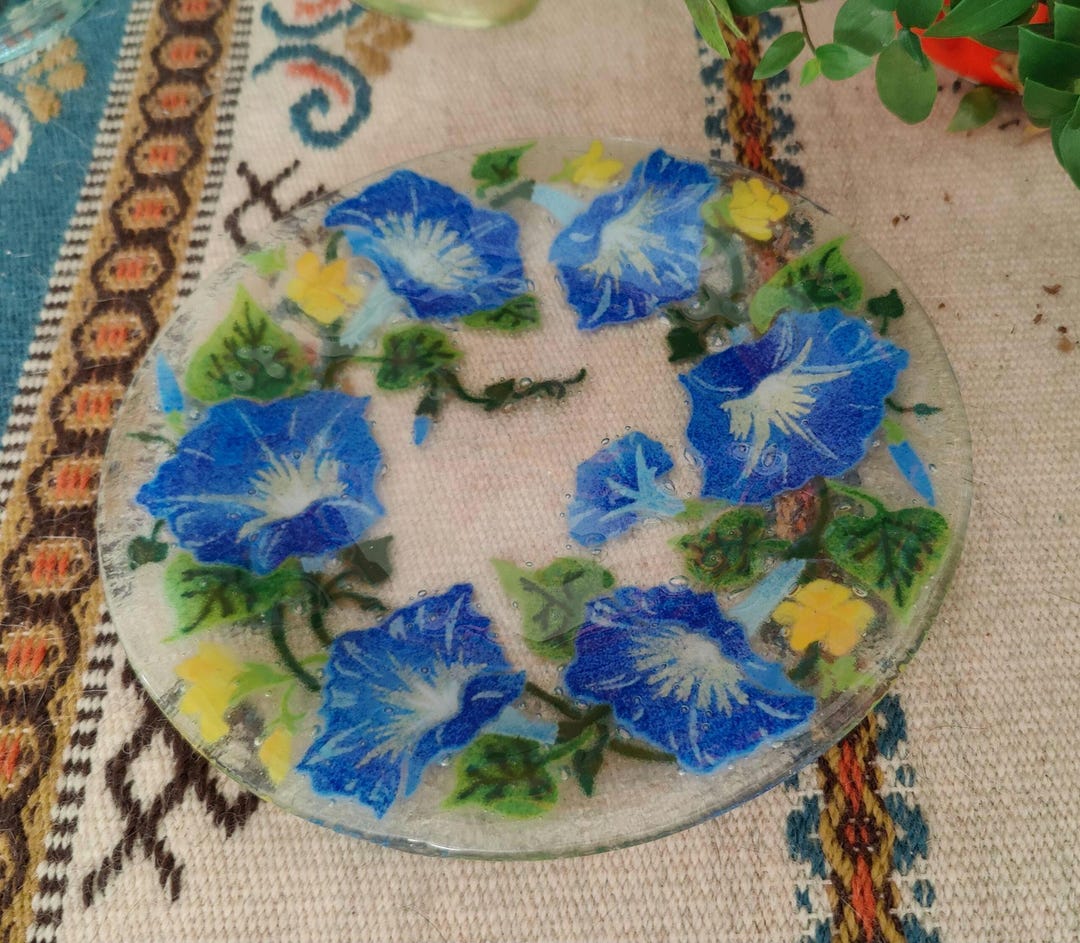 Fused Glass Signed A C Ross Morning Glory