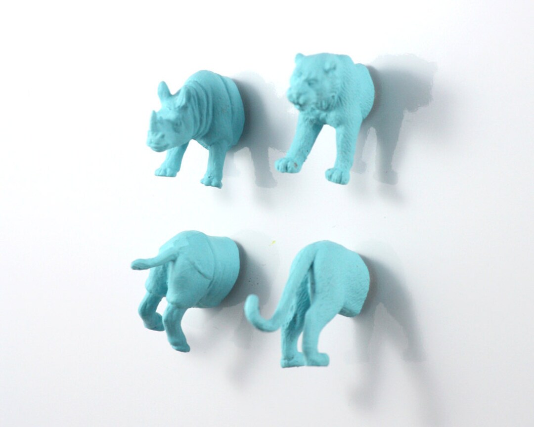 Safari Animal Magnet Set 4 Piece Set Matte Blue Rhino and Tiger Magnets ...