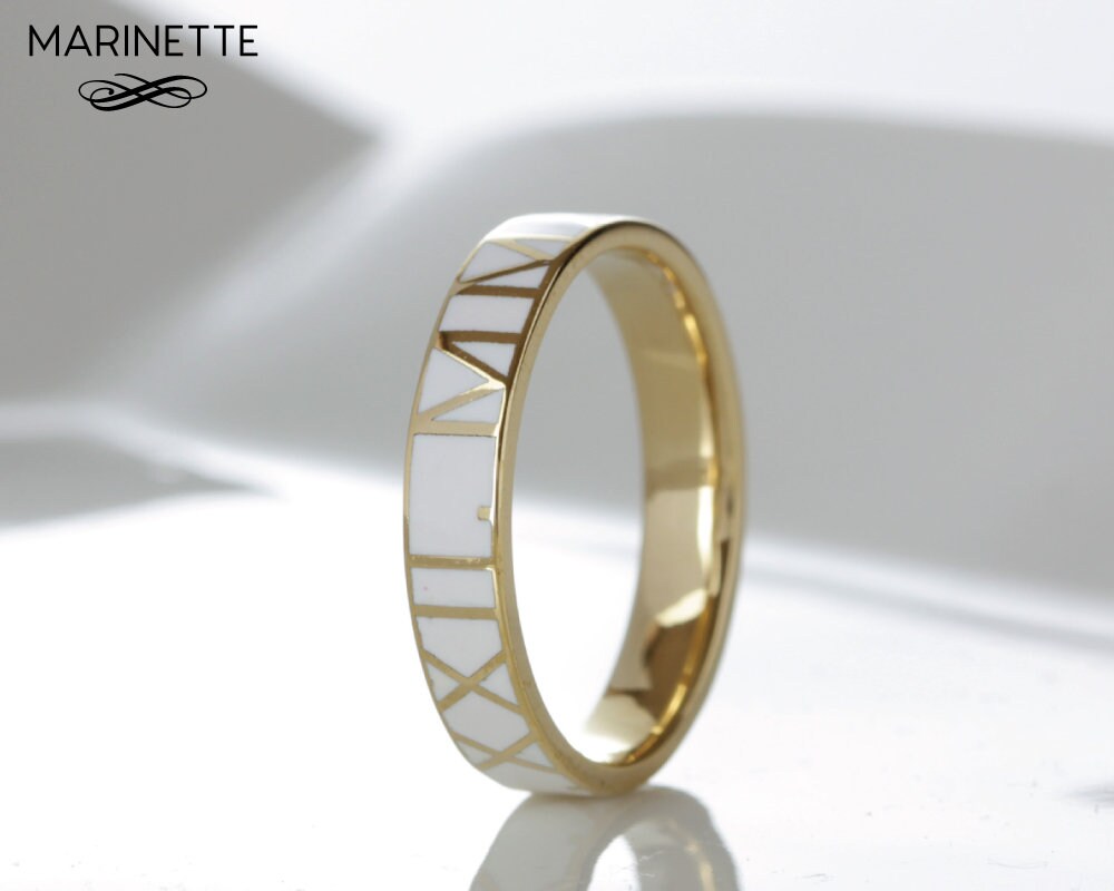 Personalized Enamel Text Band Ring Solid 14K Gold and White | Etsy