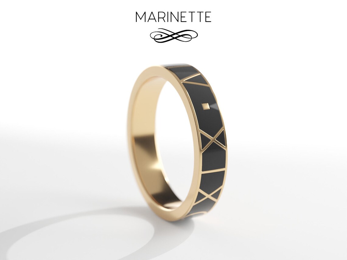 Personalized Enamel Text Band Ring - Solid 14K Gold and Black Enamel - Etsy