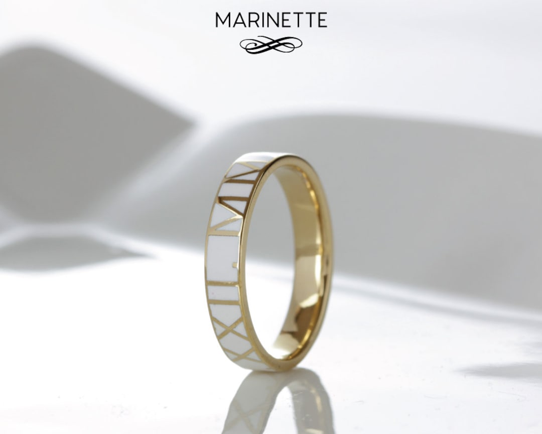 Personalized Enamel Text Band Ring - Solid 14K Gold and White Enamel - Etsy