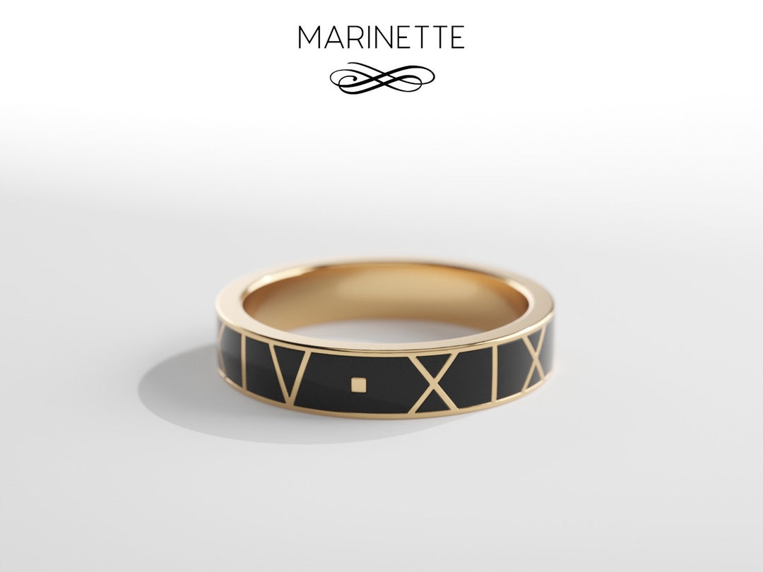 Personalized Enamel Text Band Ring - Solid 14K Gold and Black Enamel - Etsy