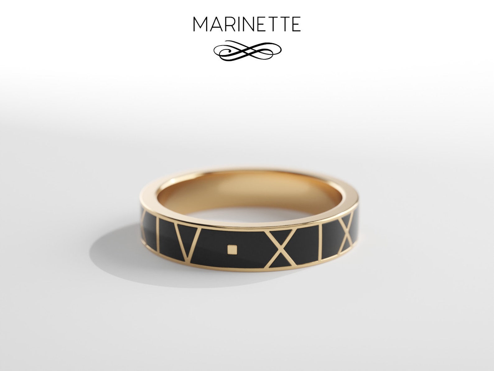 Personalized Enamel Text Band Ring - Solid 14K Gold and Black Enamel - Etsy