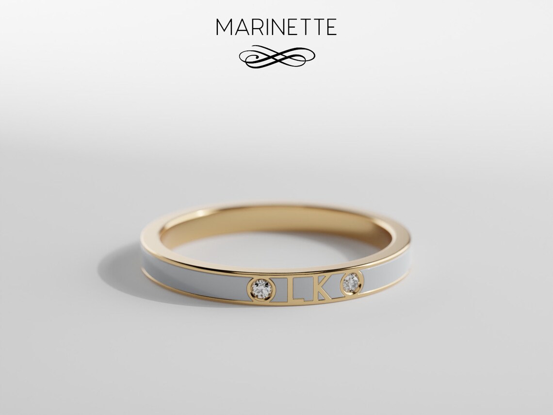 Thin 2-letter White Enamel Text Band Ring With 2 Diamonds - Solid 14K ...