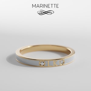 Thin 2-letter White Enamel Text Band Ring With 2 Diamonds - Solid 14K ...