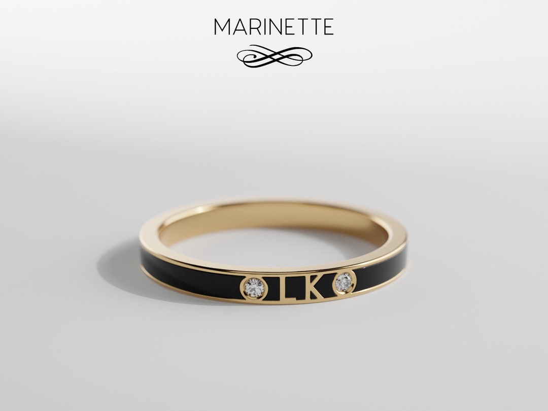 Thin 2-letter Black Enamel Text Band Ring With 2 Diamonds - Solid 14K ...